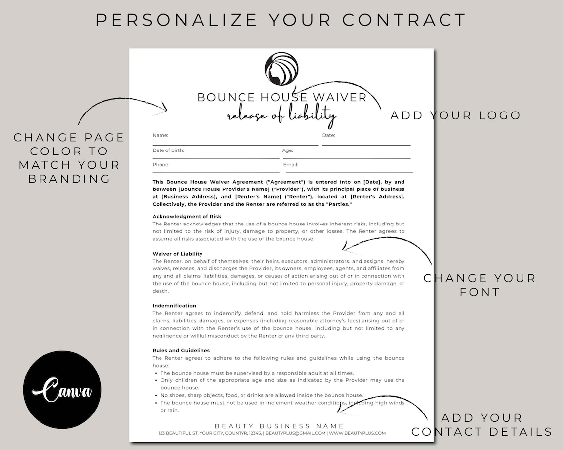Bounce House Waiver Forms, Editable and Printable, Release of Liability ...