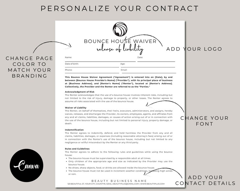 Bounce House Waiver Forms, Editable and Printable, Release of Liability ...