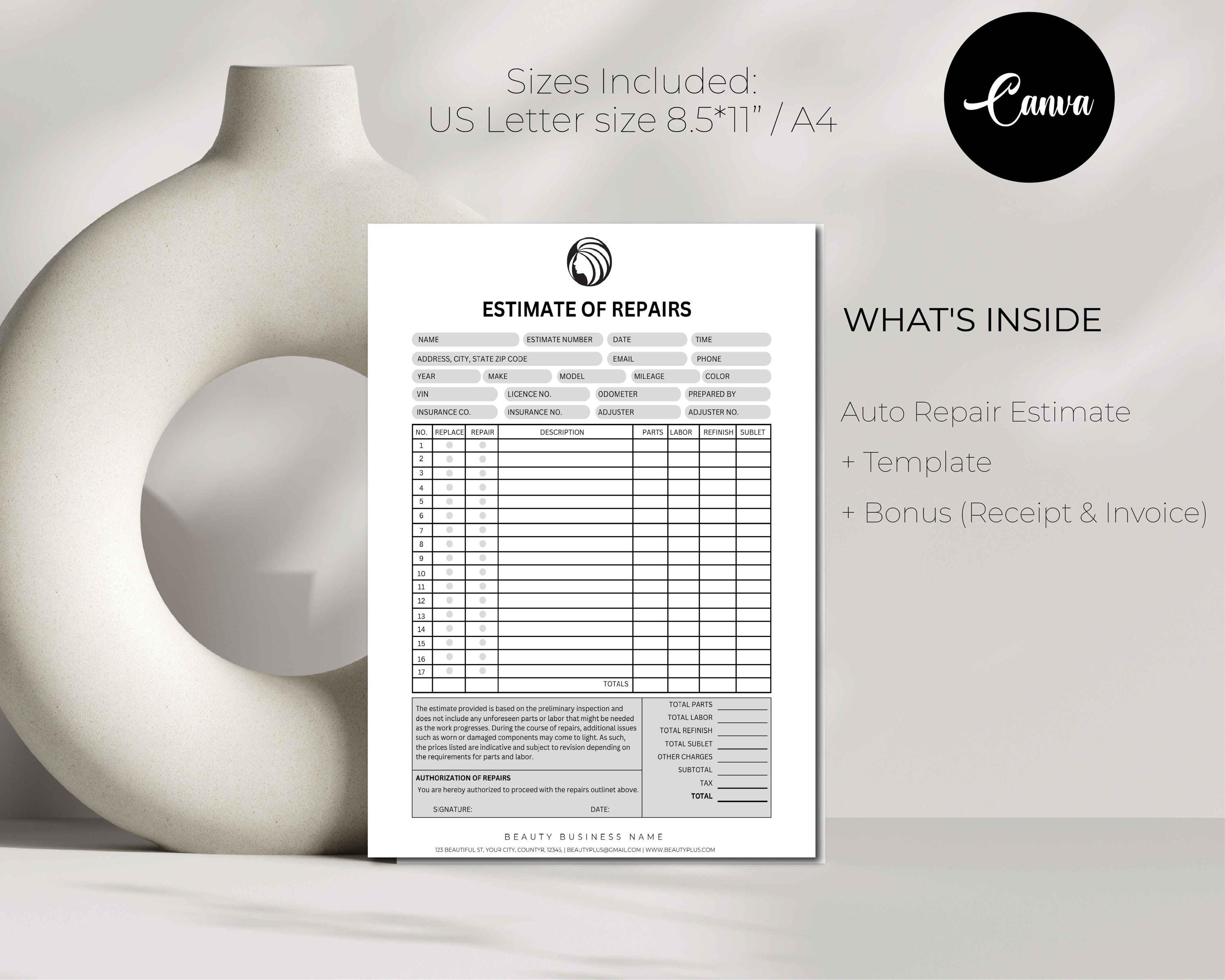 Editable Auto Body Repair Estimate Template, Canva Forms, Auto Repair ...