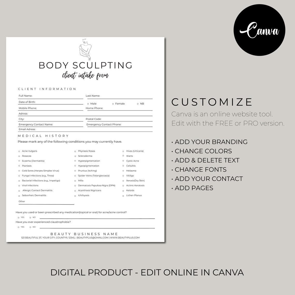 Body Sculpting Intake Forms, Esthetician Templates, Body Contouring ...