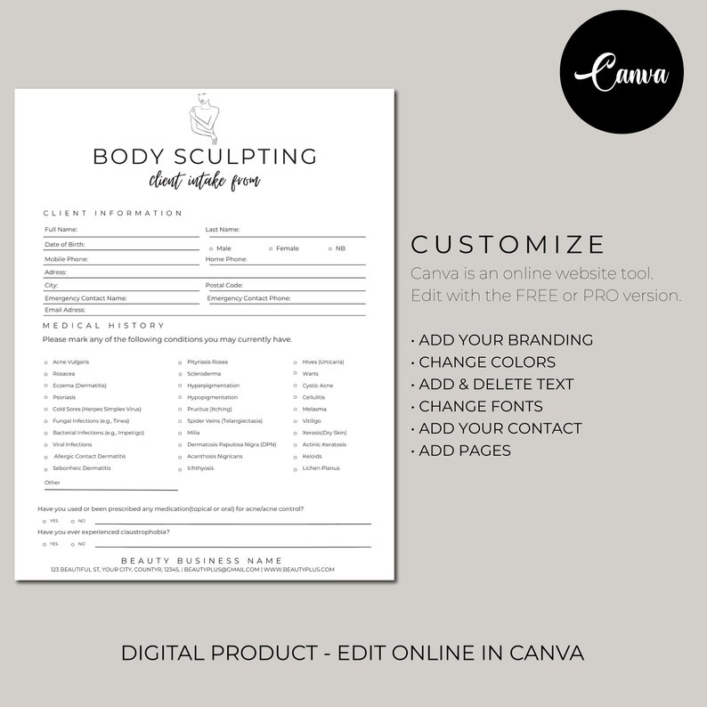 Body Sculpting Intake Forms, Esthetician Templates, Body Contouring ...