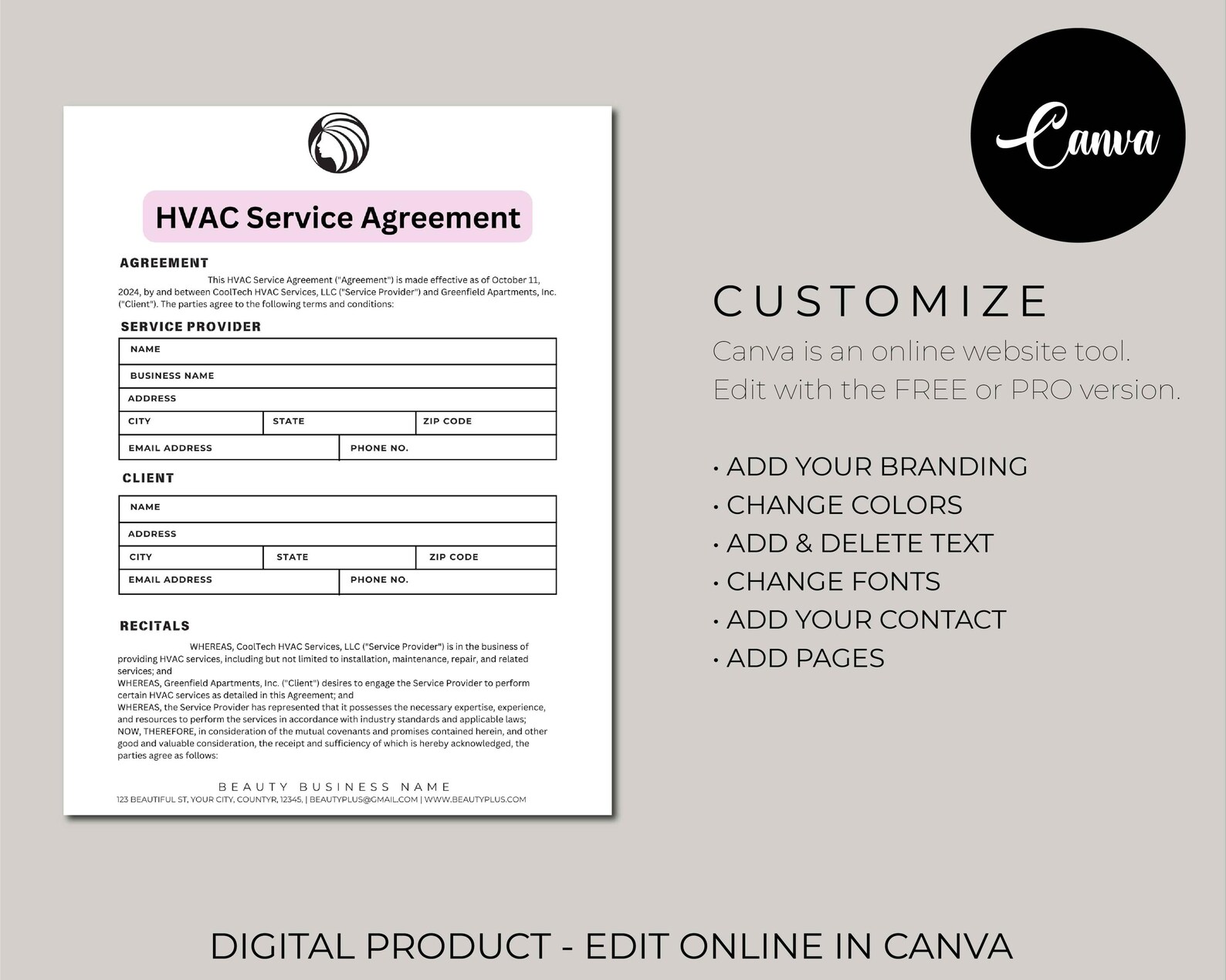 Editable HVAC Service Agreement, Hvac Templates, Hvac Contracts, Hvac ...