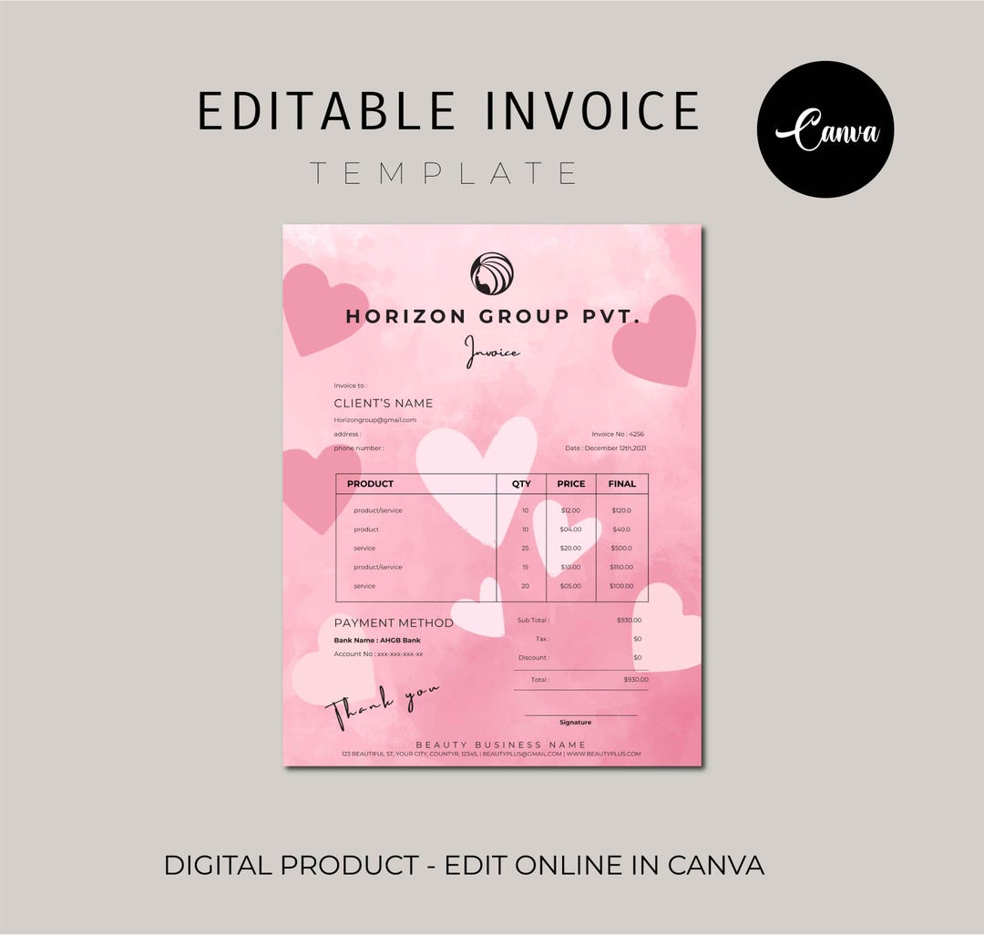 Editable Invoice Template, Pink Hearts Invoice Template, Small Business ...