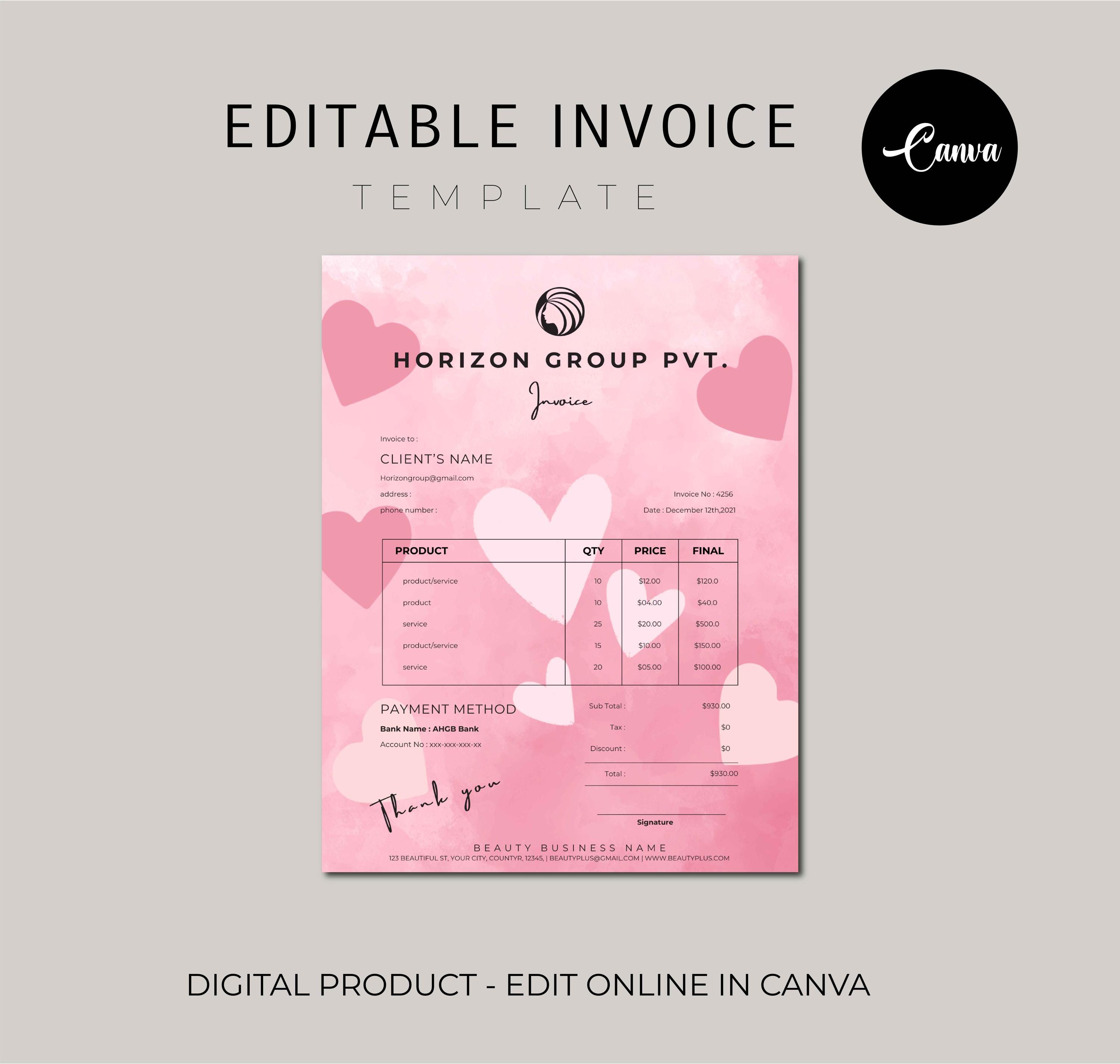 Editable Invoice Template, Pink Hearts Invoice Template, Small Business ...