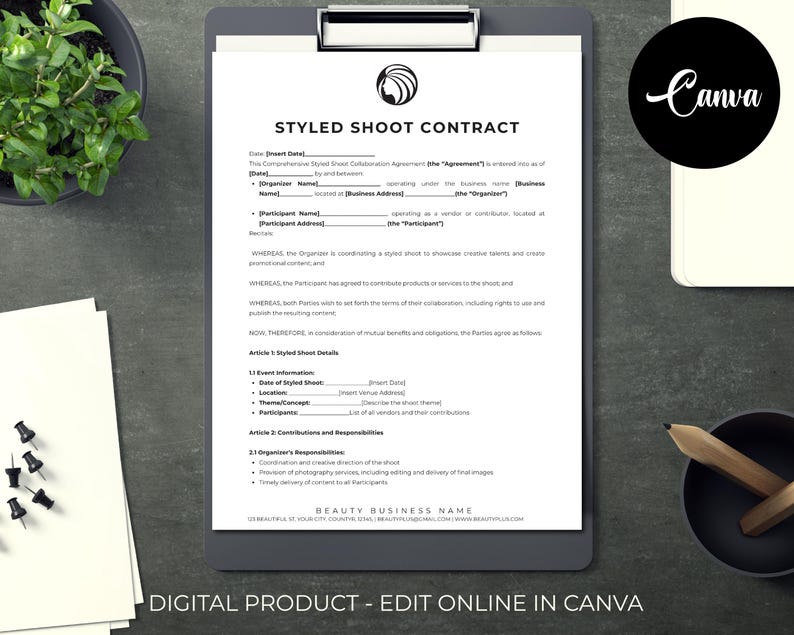 Styled Shoot Contract Template, Photo Shoot Contract, Styled Shoot ...