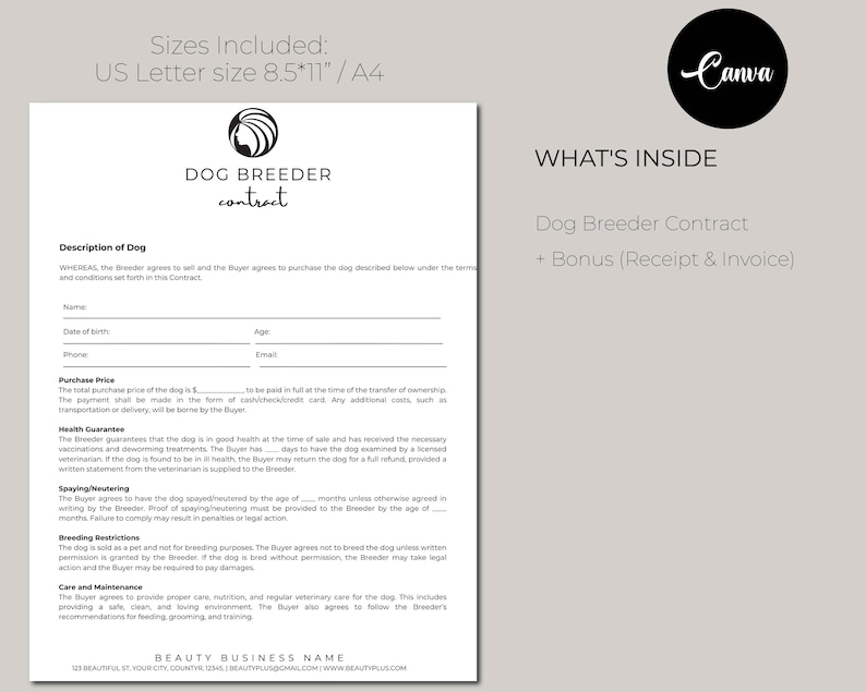 Dog Breeder Contract, Breeder Forms, Puppy Sale Contract, Dog Breeding ...