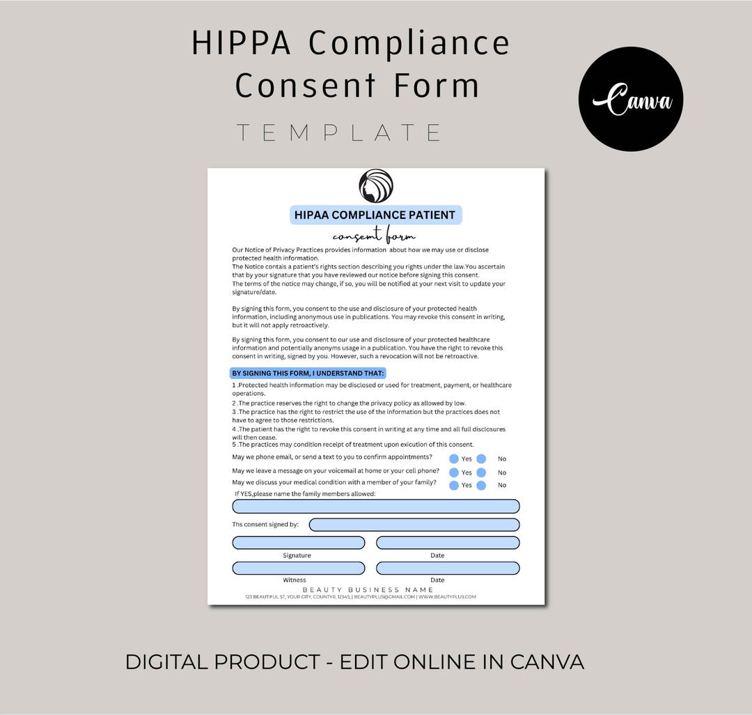 Editable HIPAA Consent Form Template, Medical Consent, New Patient Form ...