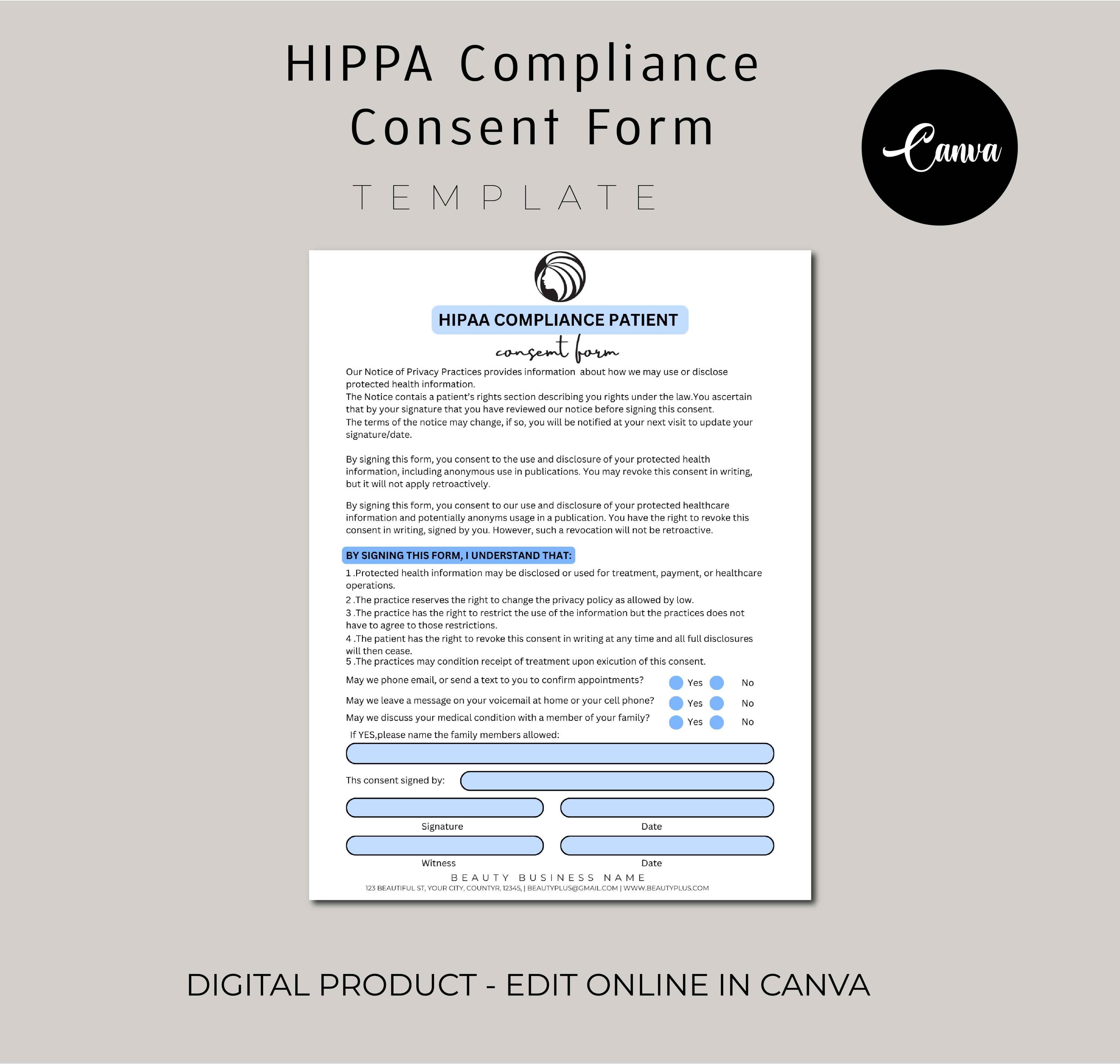 Editable HIPAA Consent Form Template, Medical Consent, New Patient Form ...
