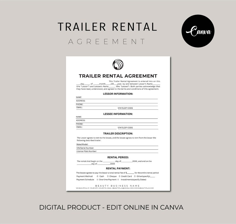 Trailer Rental Agreement, Canva Editable Contract, Trailer Lease ...