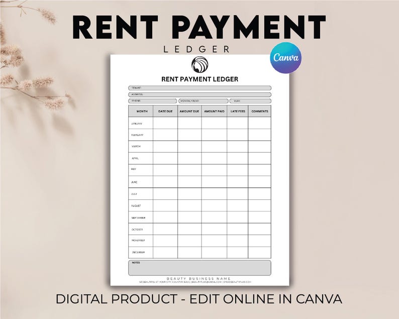 Editable Rent Payment Ledger Template, Monthly Rent Payment Tracker ...