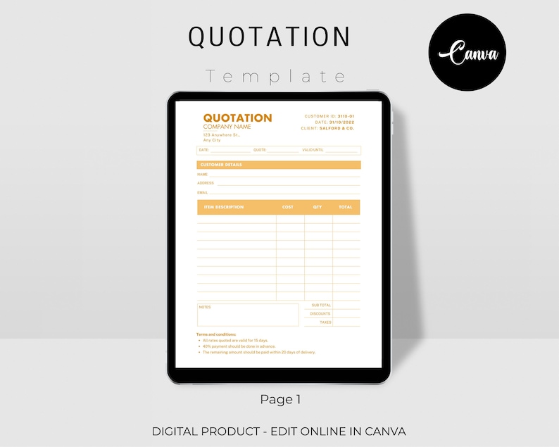 Quotation Template, Quote Form, Job Estimate Form, Invoice & Receipt ...