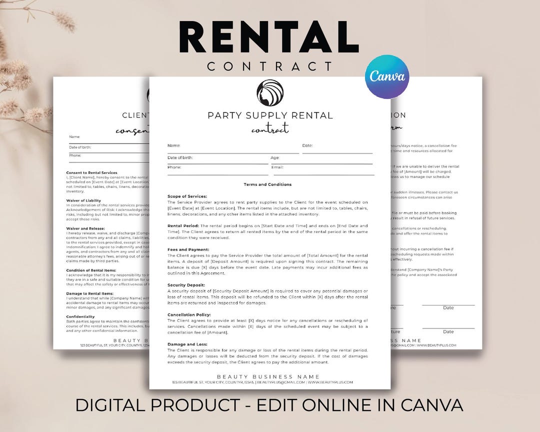 Party Supply Rental Contract, Party Rental Client Intake Form, Party ...