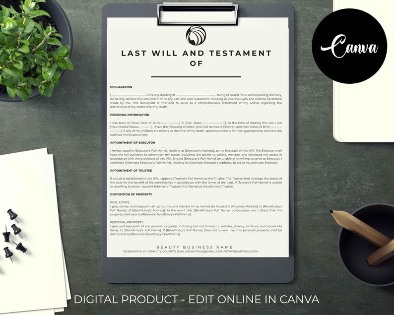 Last Will and Testament, Printable Last Will and Testament Form, Legal ...