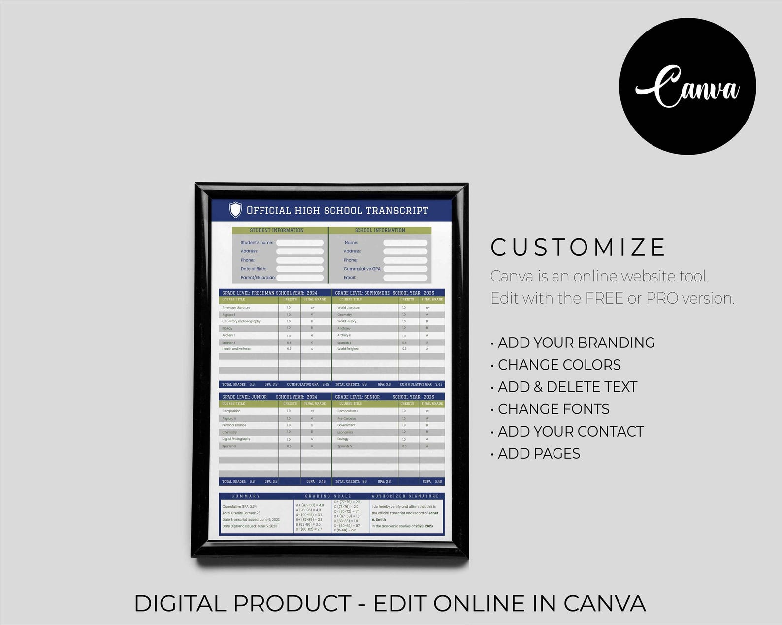 Editable High School Transcript, Homeschool Transcript, Editable Home ...