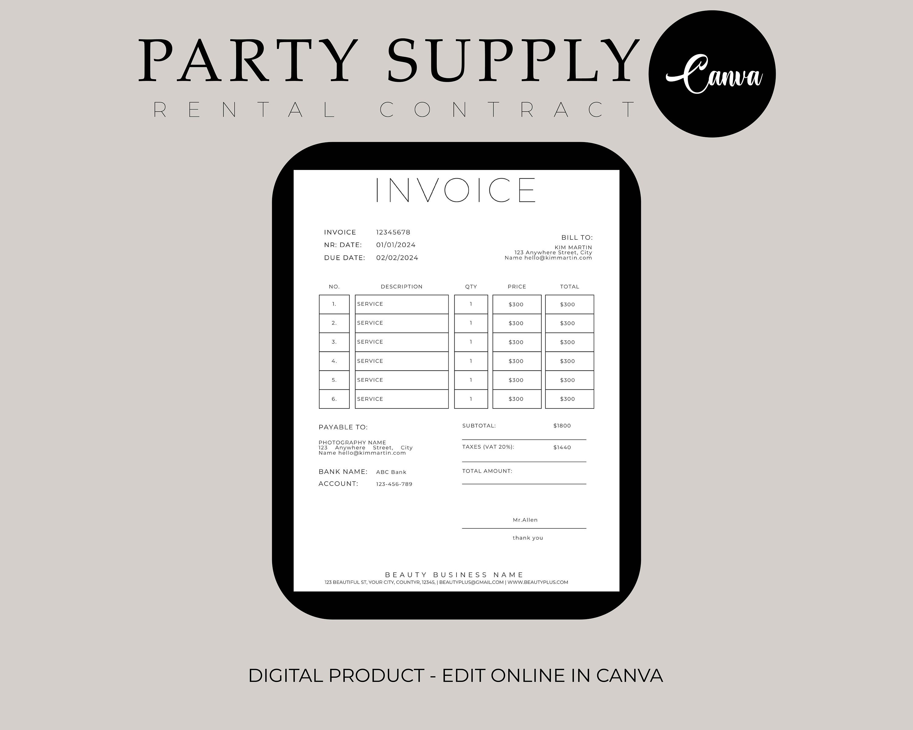 Party Supply Rental Contract, Party Rental Client Intake, Party Rental ...
