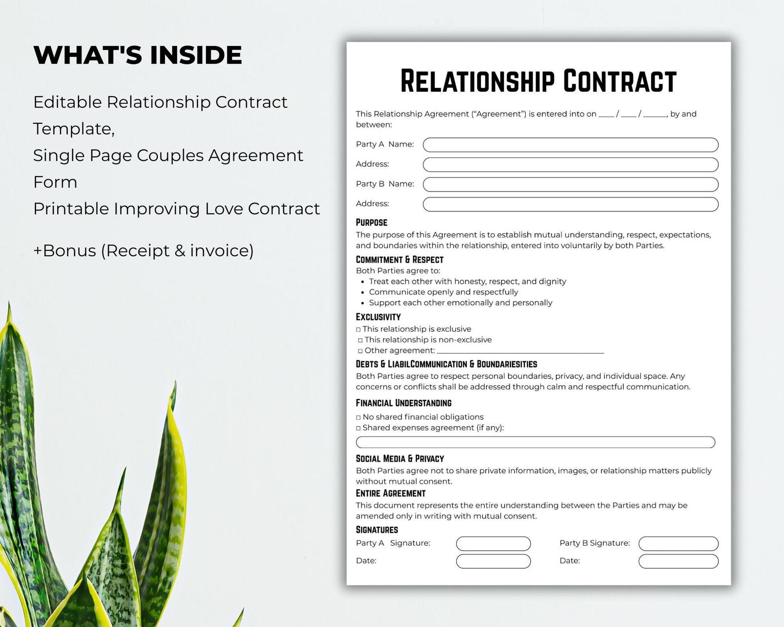 Editable Relationship Contract Template, One Page Relationship Contract ...