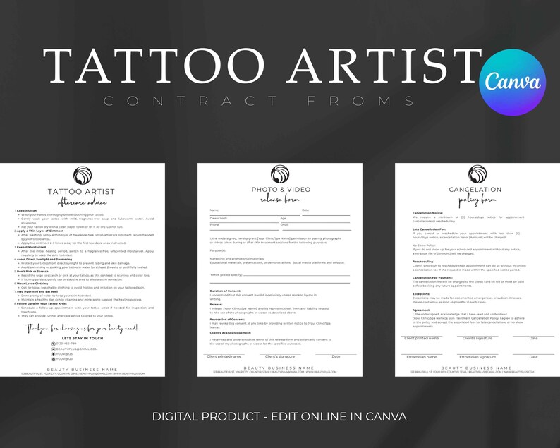 Editable Tattoo Artist Forms Bundle, Tattoo Consent Form, Tattoo ...