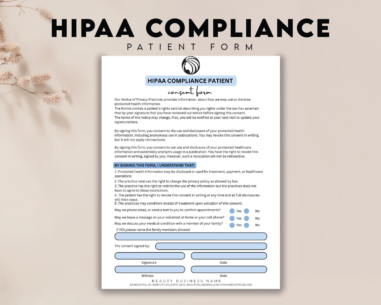 HIPAA Consent Form Template, HIPAA Authorization Forms, New Patient ...