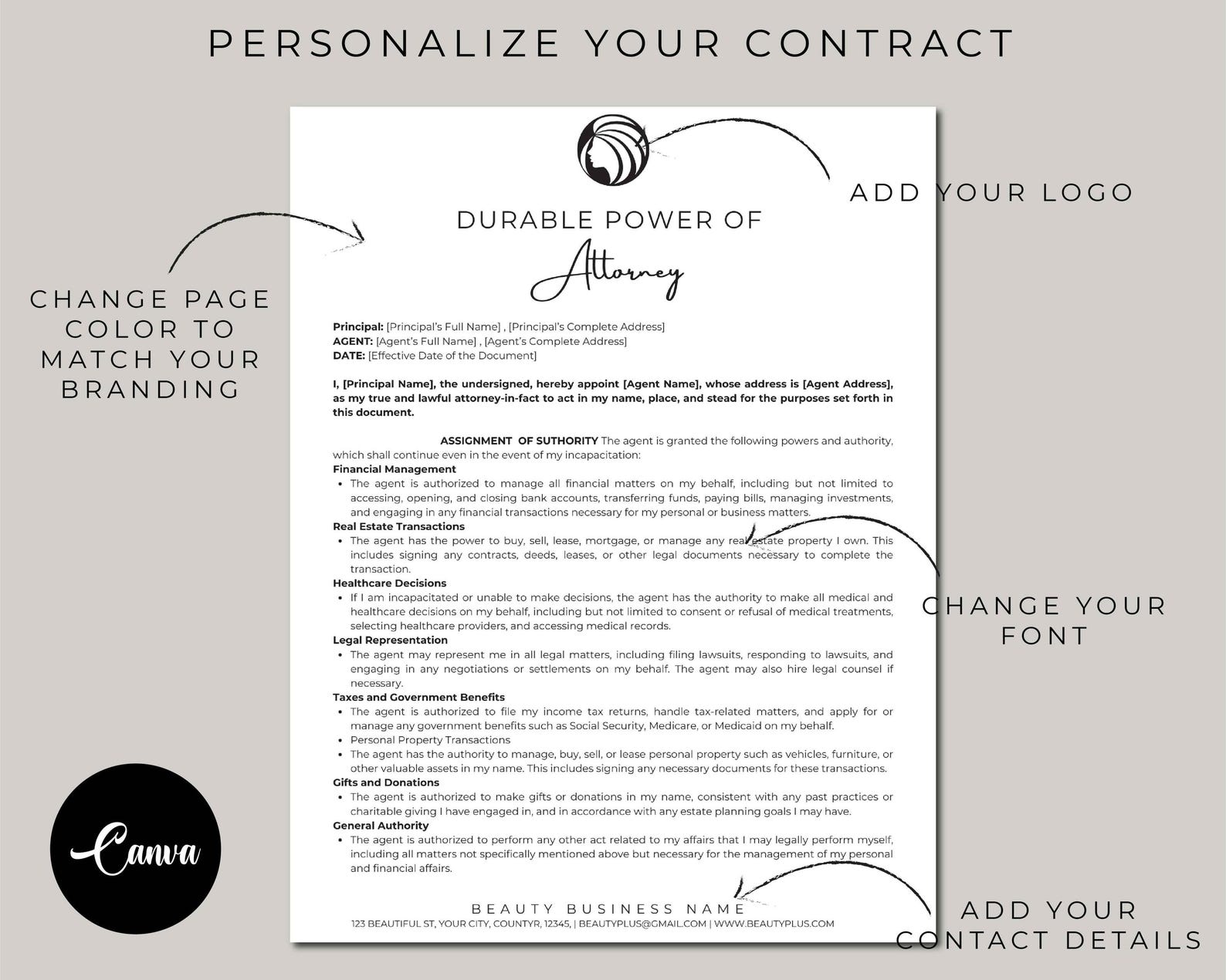 Durable Power of Attorney, Durable Power of Attorney Template, Editable ...