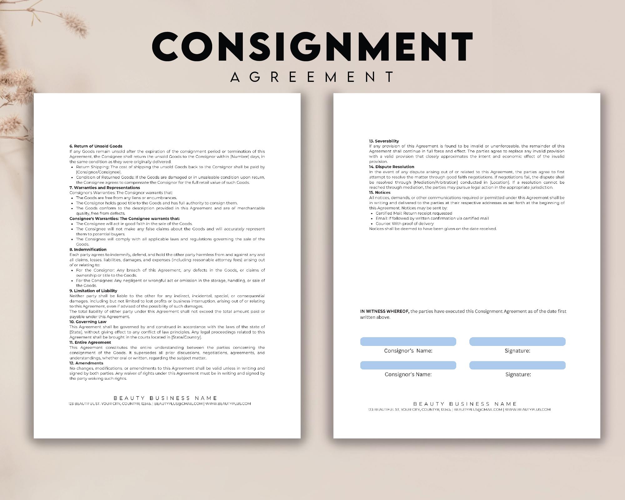Editable Consignment Agreement, Consignment Store Forms, Product Consignment Agreement, Reseller ...