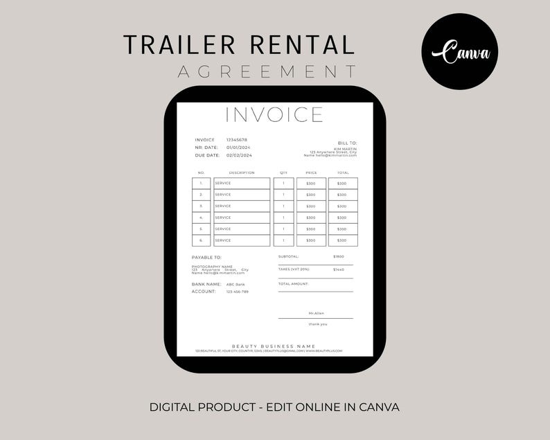 Trailer Rental Agreement, Canva Editable Contract, Trailer Lease ...