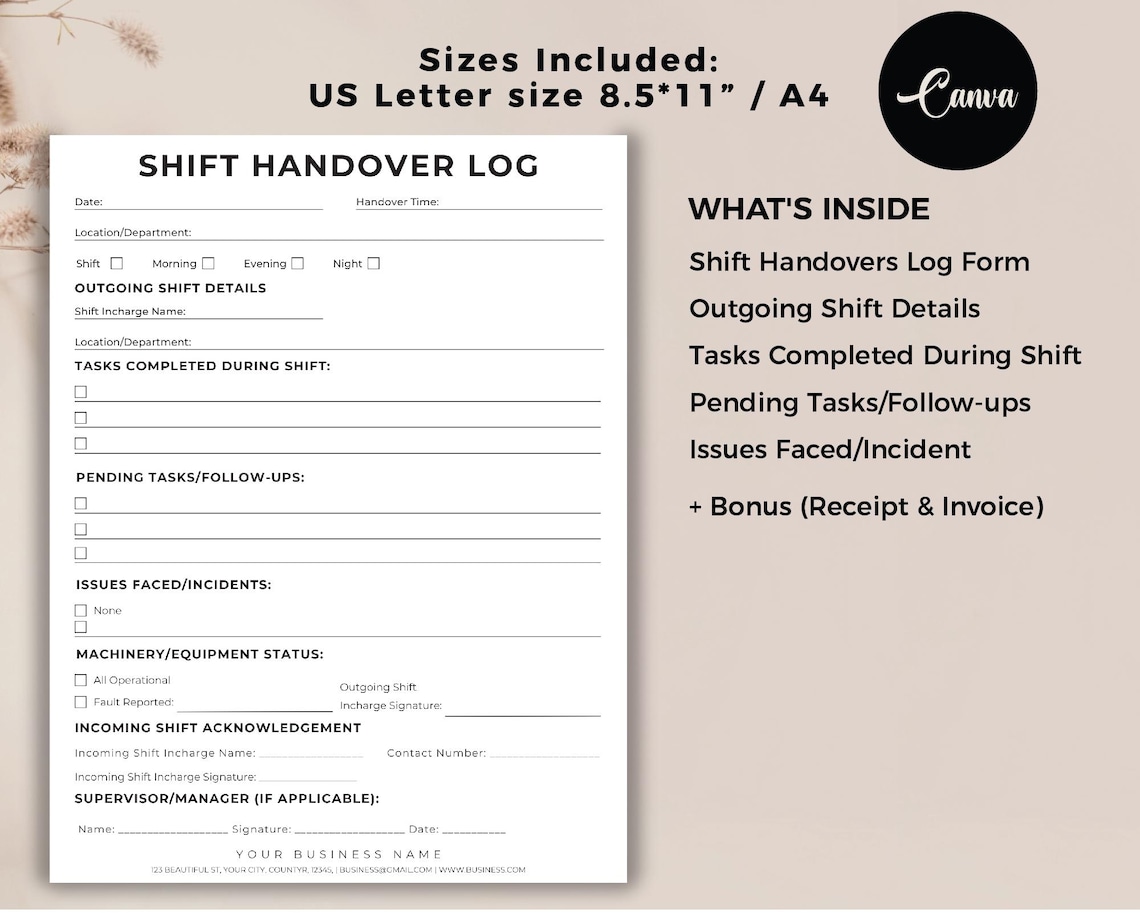 Editable Shift Handover Log, Restaurant Shift Change Manager Log ...