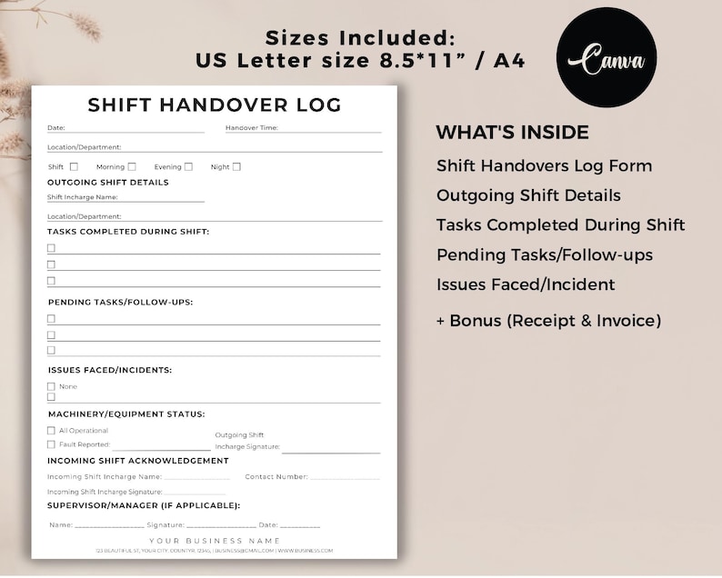 Editable Shift Handover Log, Restaurant Shift Change Manager Log ...