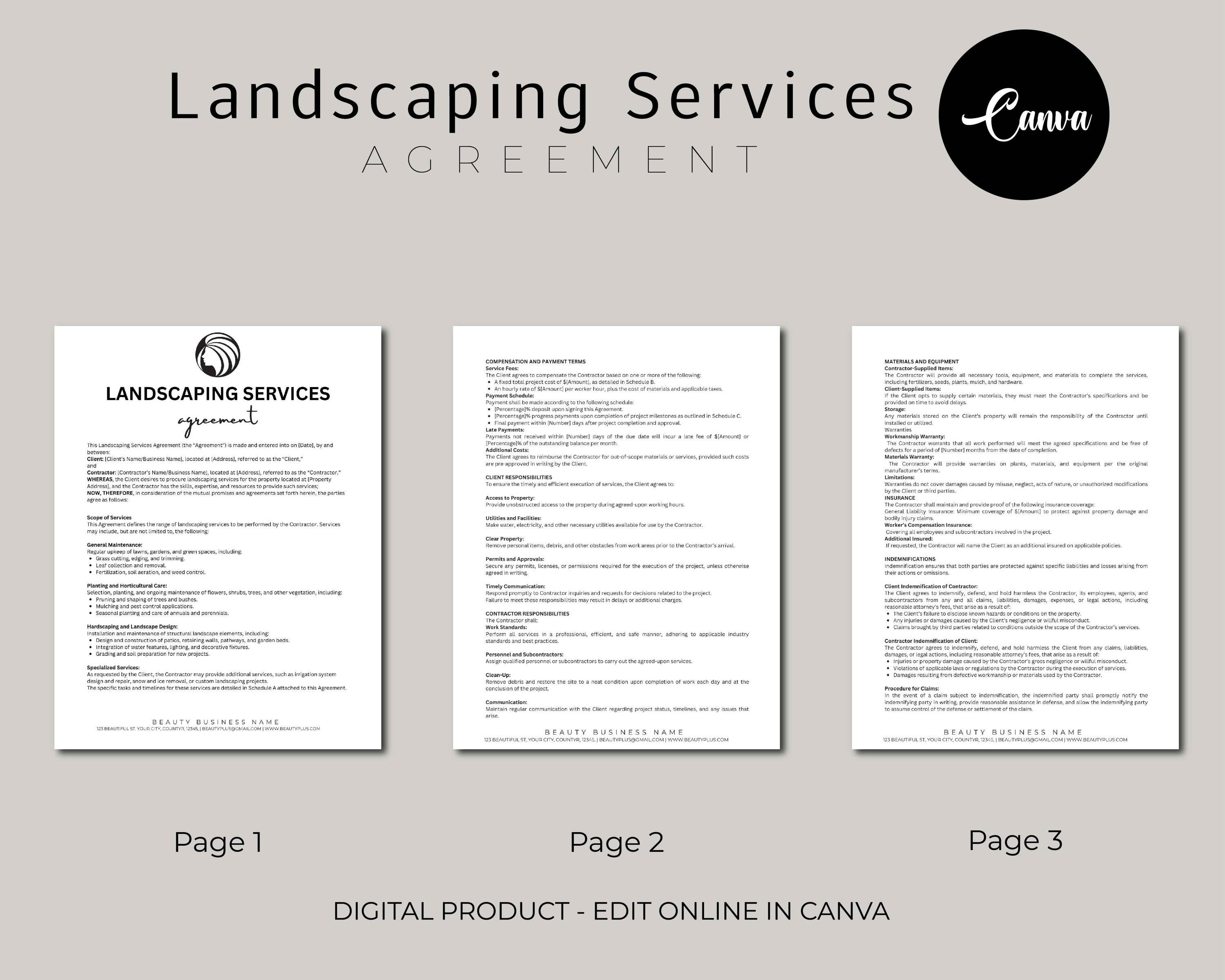 Editable Landscaping Contract Template, Lawn Care Contract, Garden Care ...