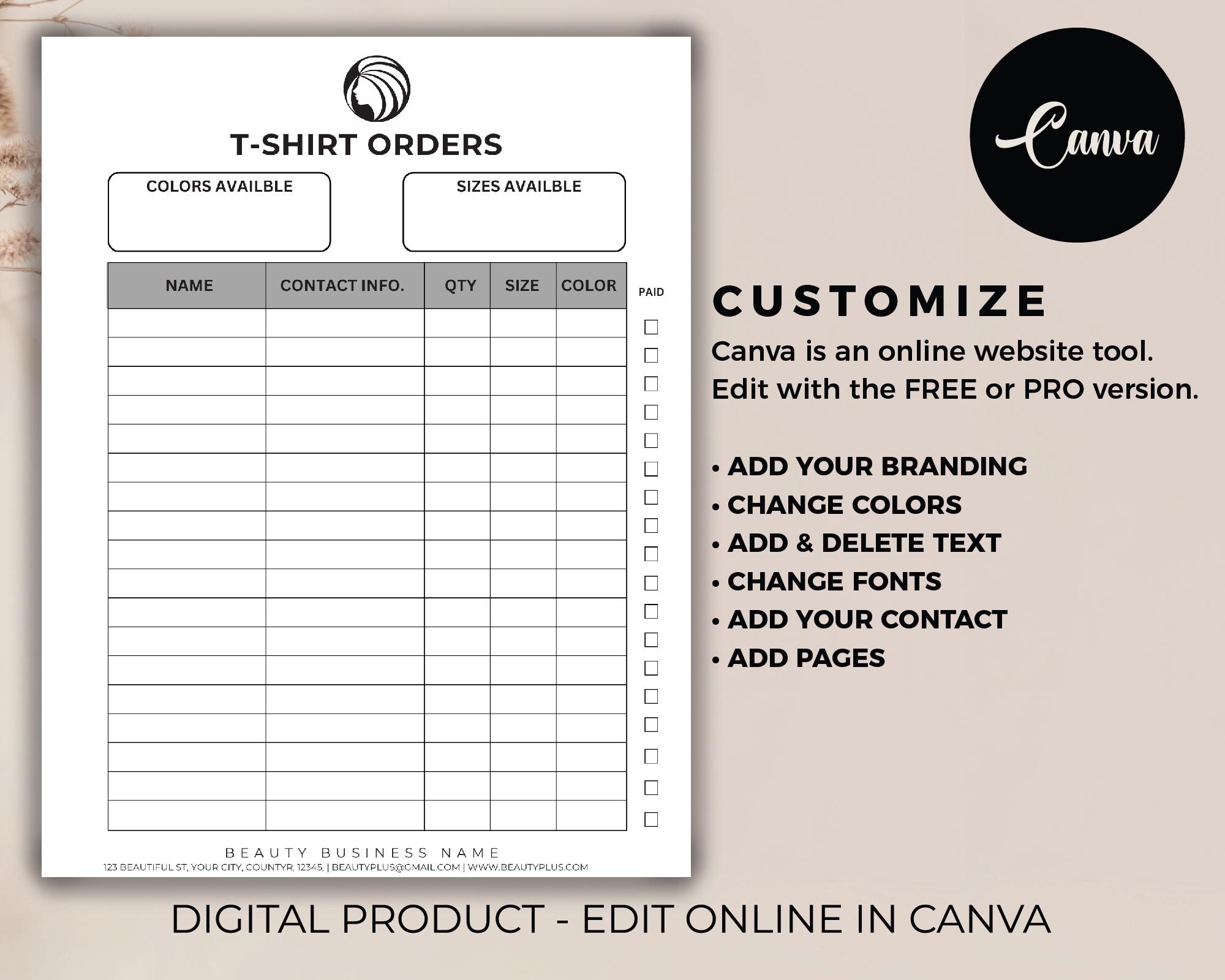 Editable T-shirt Order Form Template, Shirt Business Forms, Craft Order ...
