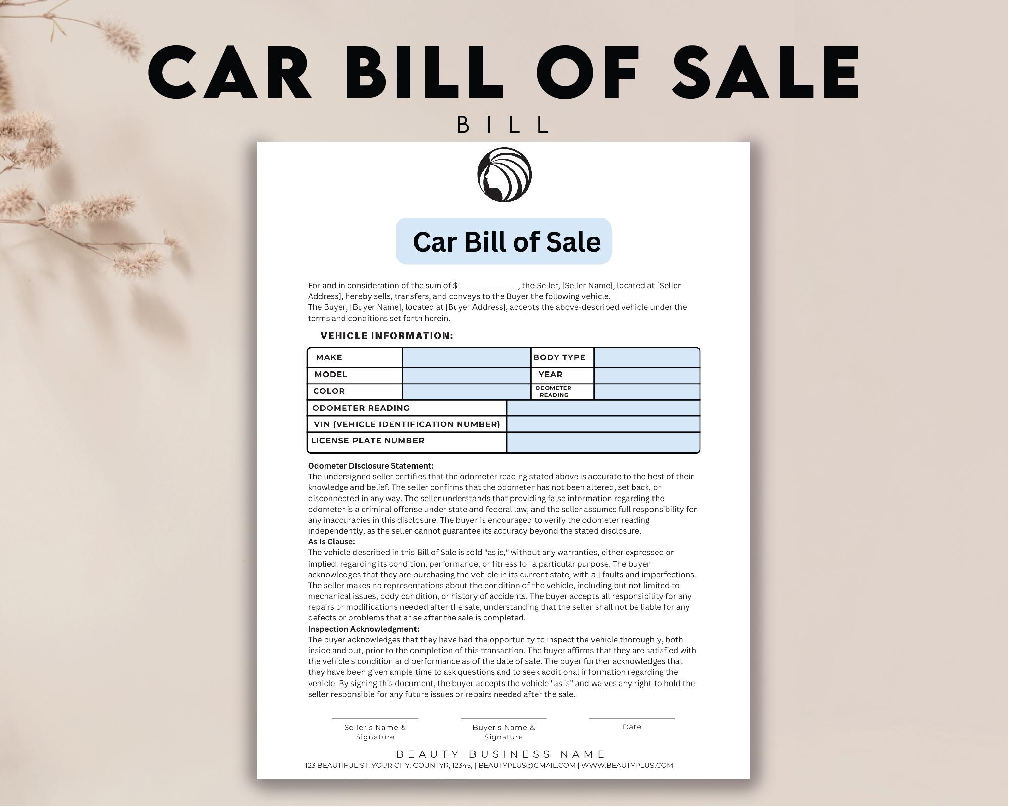 Motor Vehicle Bill of Sale, Auto Bill of Sale, Printable Car Sale Form ...