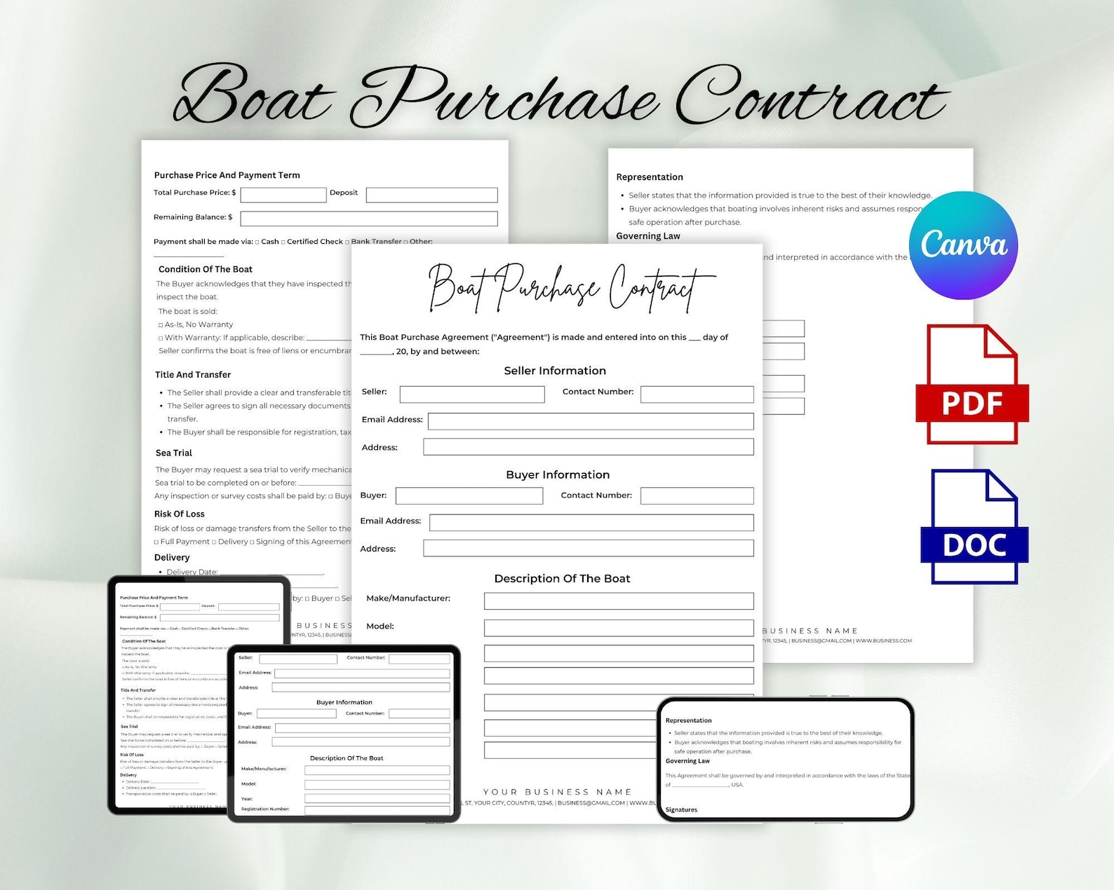 Boat Purchase Contract Template, Marine Vessel Sale Agreement, Simple ...