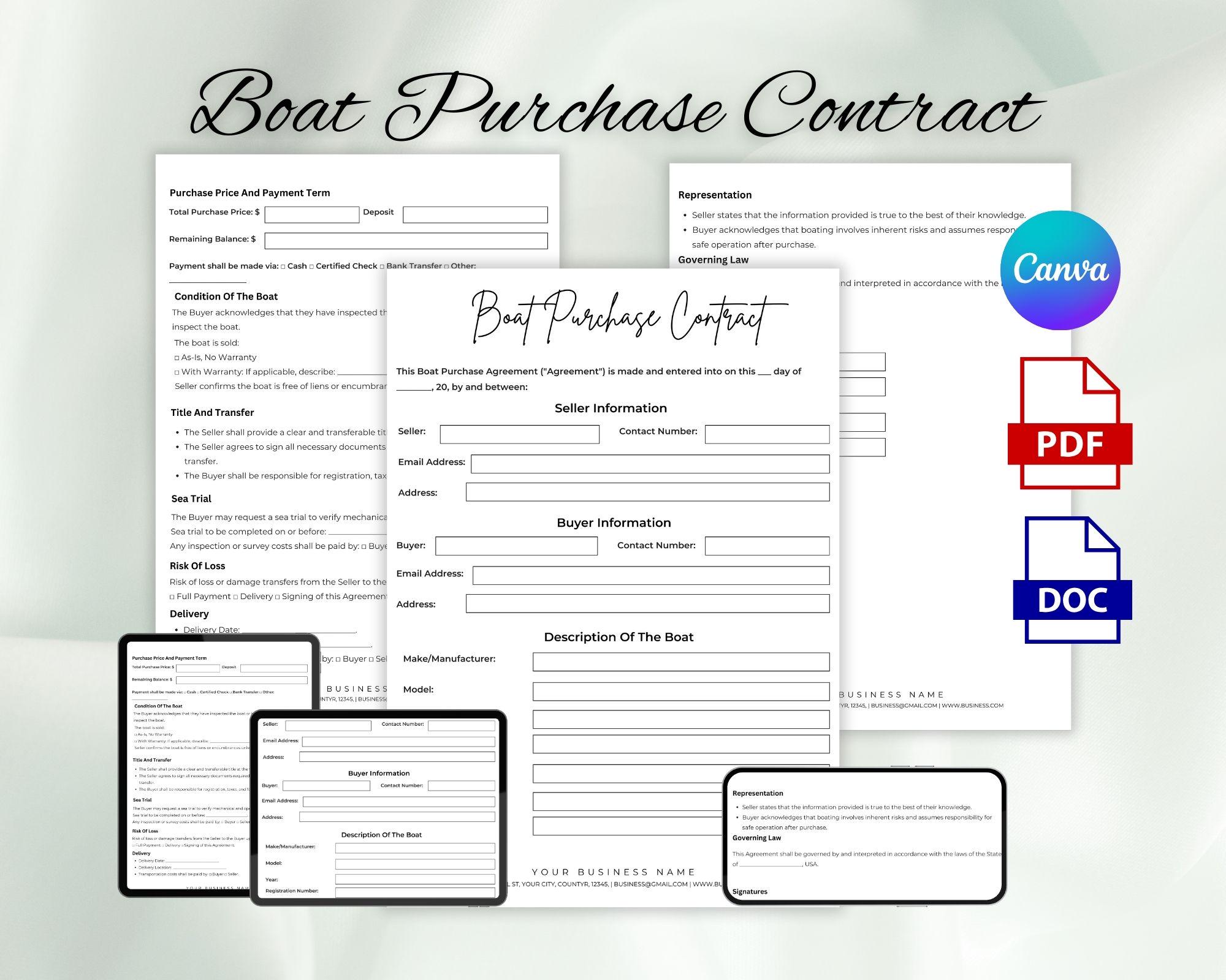 Boat Purchase Contract Template, Marine Vessel Sale Agreement, Simple ...