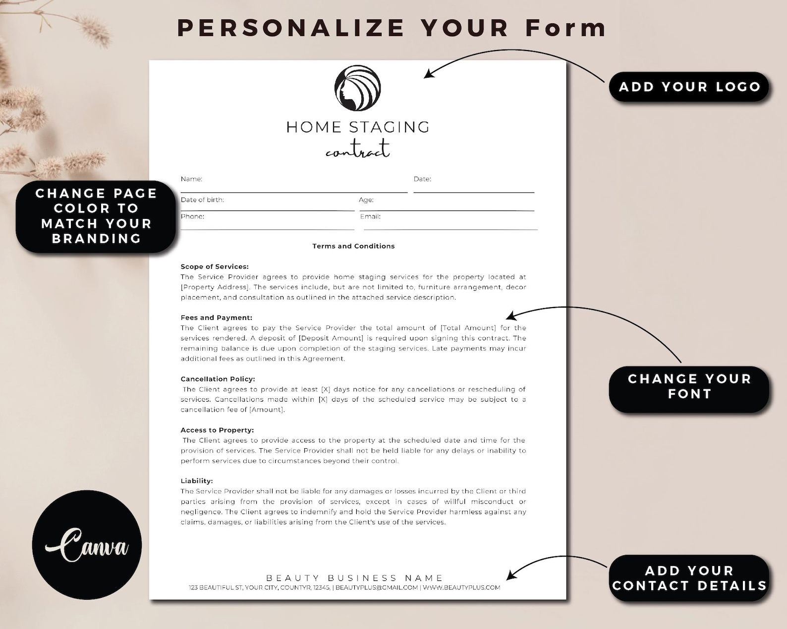 Home Staging Contract, Home Stagers Client Intake Form, Property ...