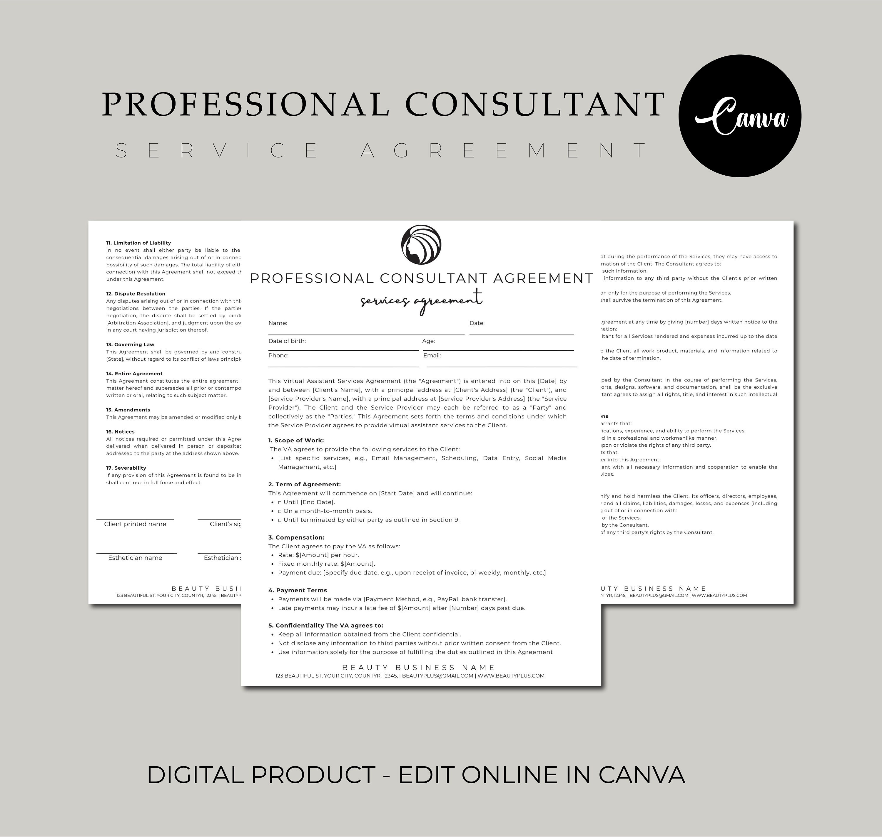 Consulting Contract Agreement Template, Consultancy Invoice, Editable ...