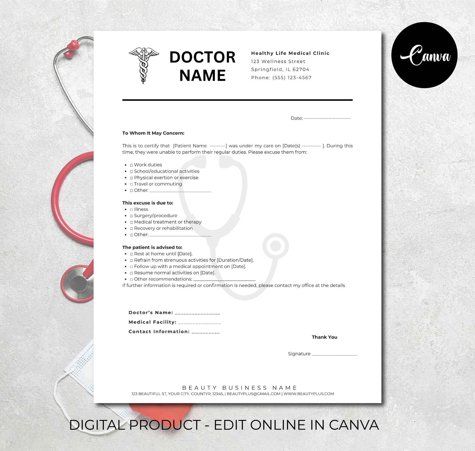 Editable Doctor Excuse Note for Work, Doctor Excuse Letter Form, School ...