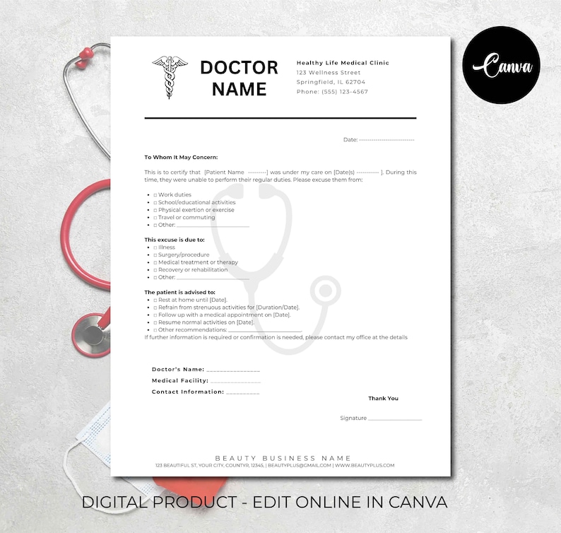 Editable Doctor Excuse Note for Work, Doctor Excuse Letter Form, School ...