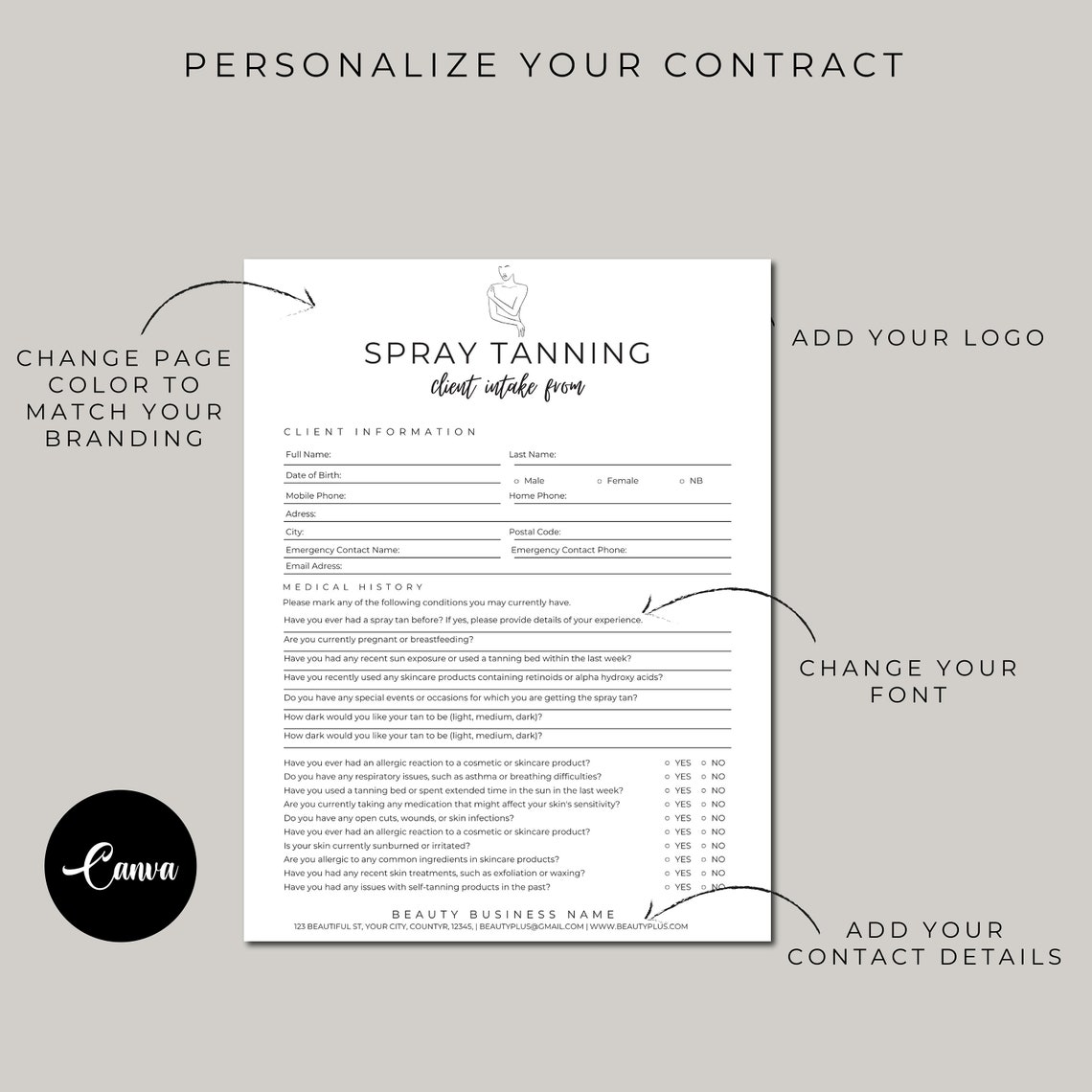 Spray Tan Consent Form, Tanning Consent, Spa Forms, Tanning Salon Forms ...