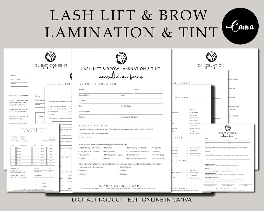 Editable Lash Lift and Brow Lamination Templates, Lash Intake and ...