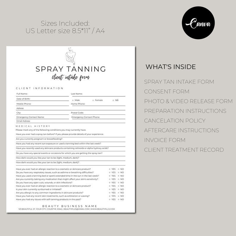 Spray Tan Consent Form, Tanning Consent, Spa Forms, Tanning Salon Forms ...