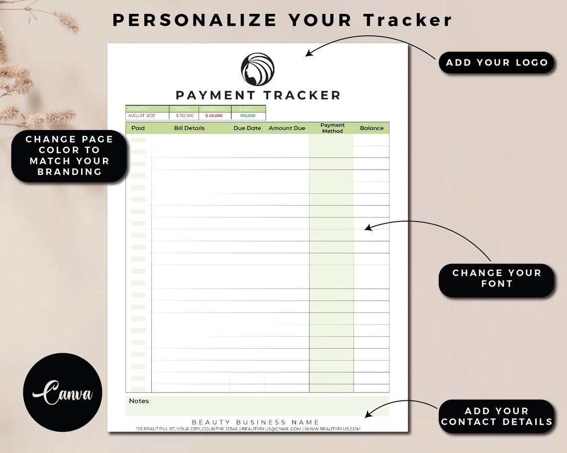 Payment Tracker Canva Template, Client Fee Payment Tracker, Printable ...