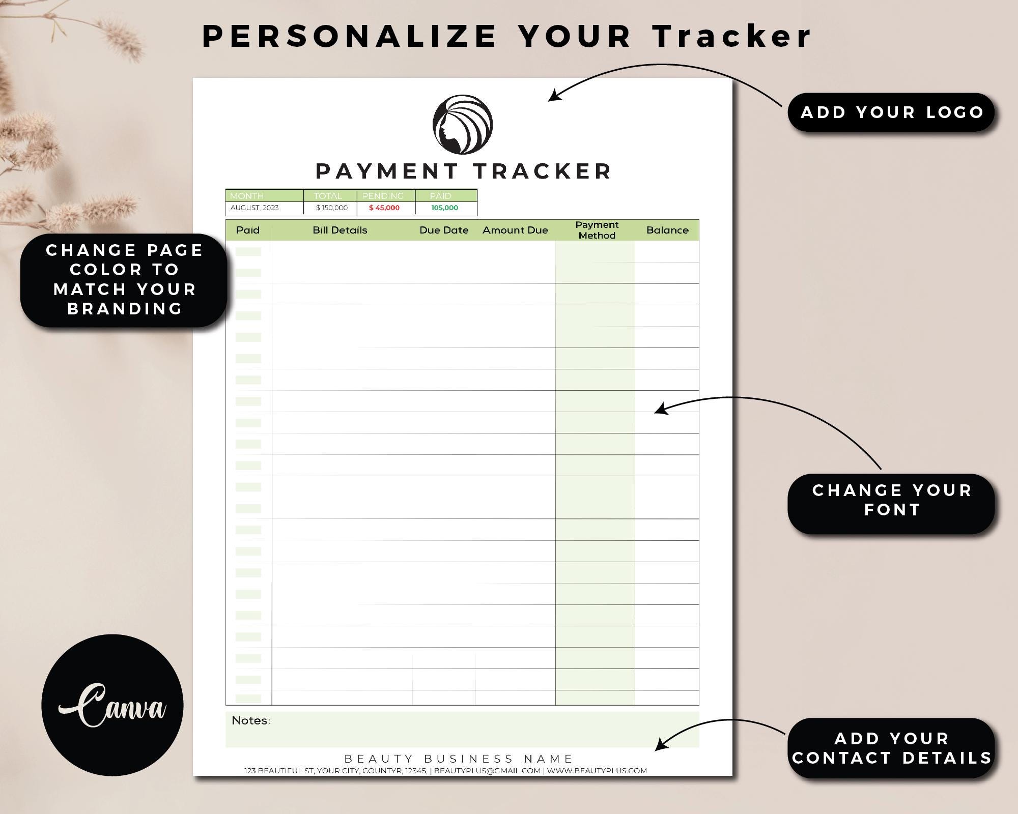 Payment Tracker Canva Template, Client Fee Payment Tracker, Printable ...