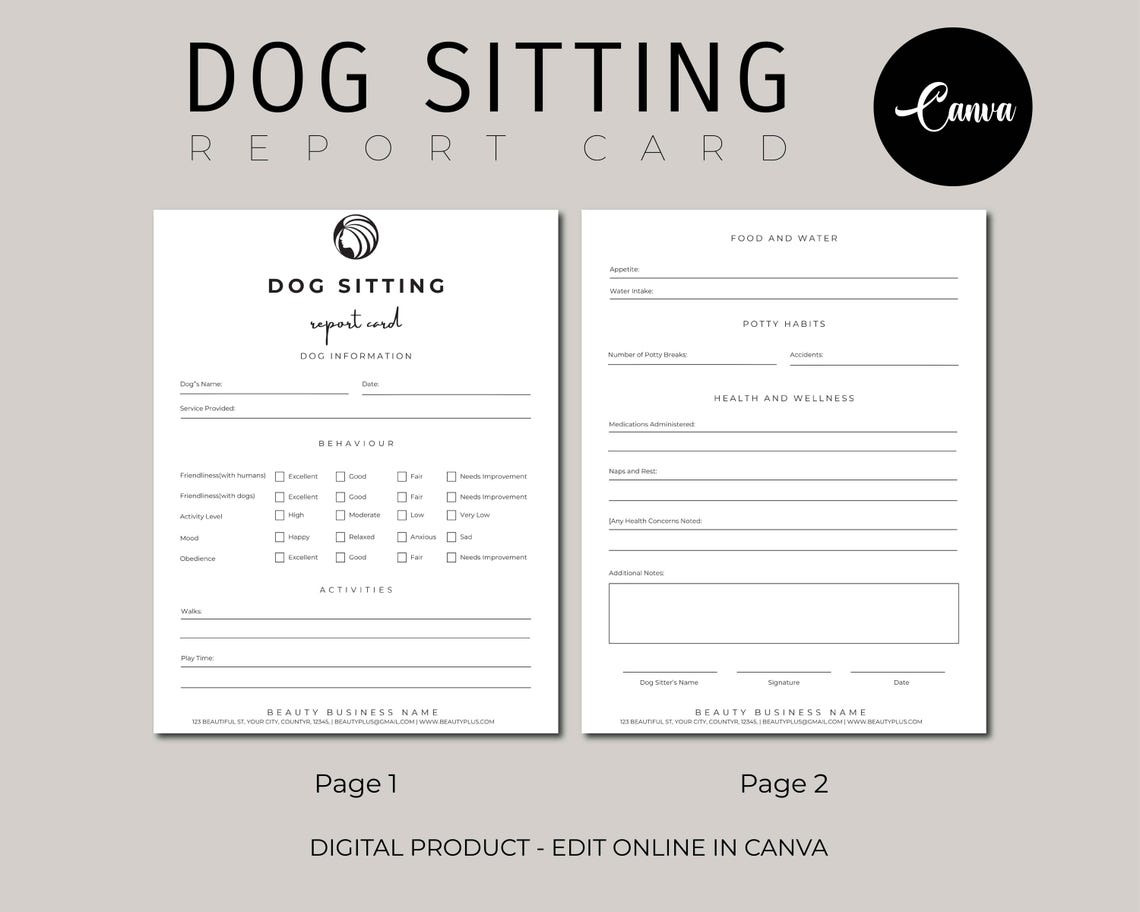 Editable Dog Report Card, Pet Report Card, Pet Sitting Report, Dog ...