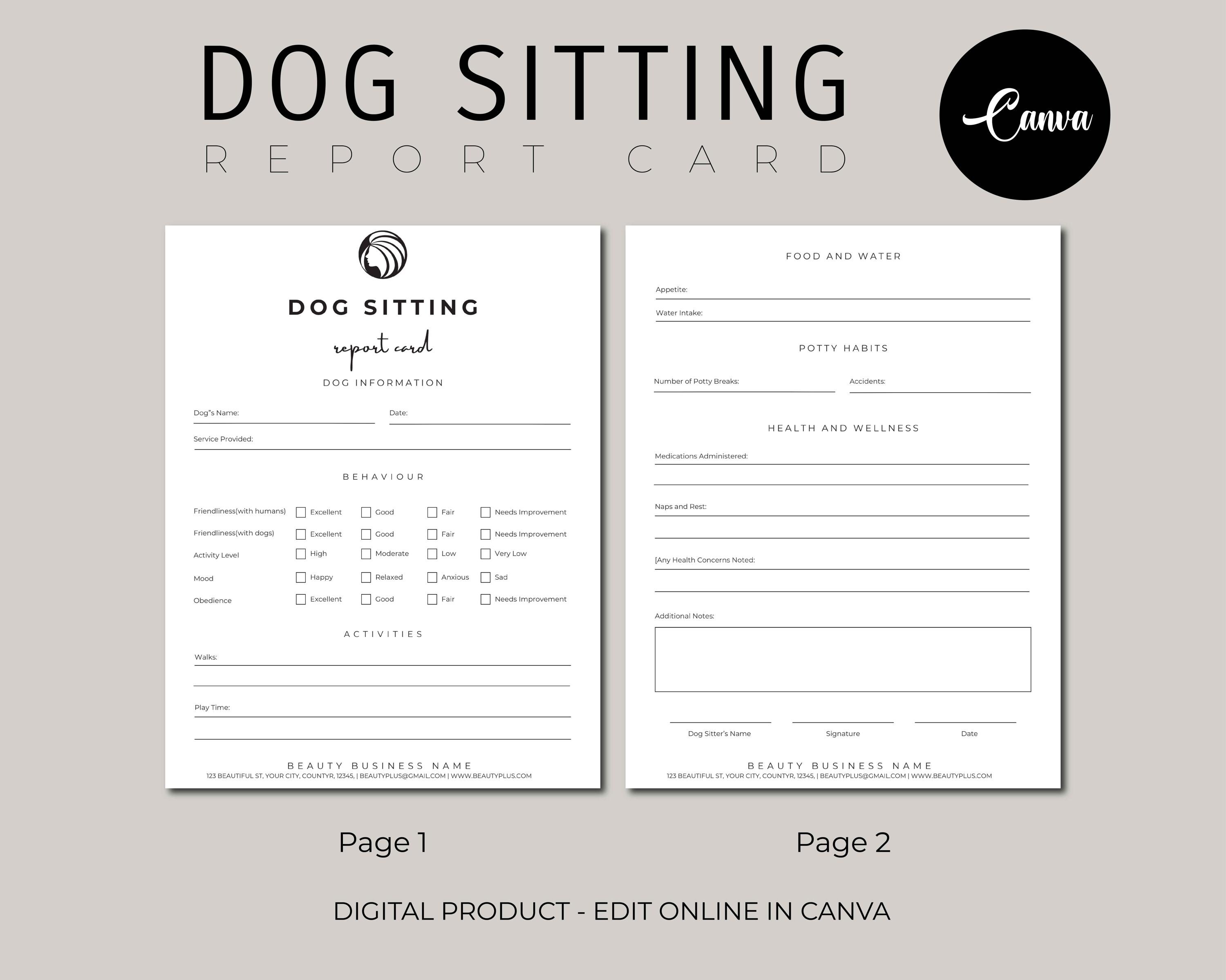 Editable Dog Report Card, Pet Report Card, Pet Sitting Report, Dog ...