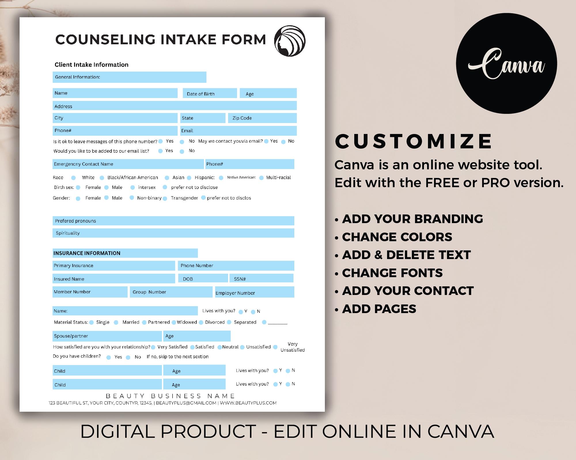 Counseling Intake Form, Mental Health Intake Form Template, Informed ...