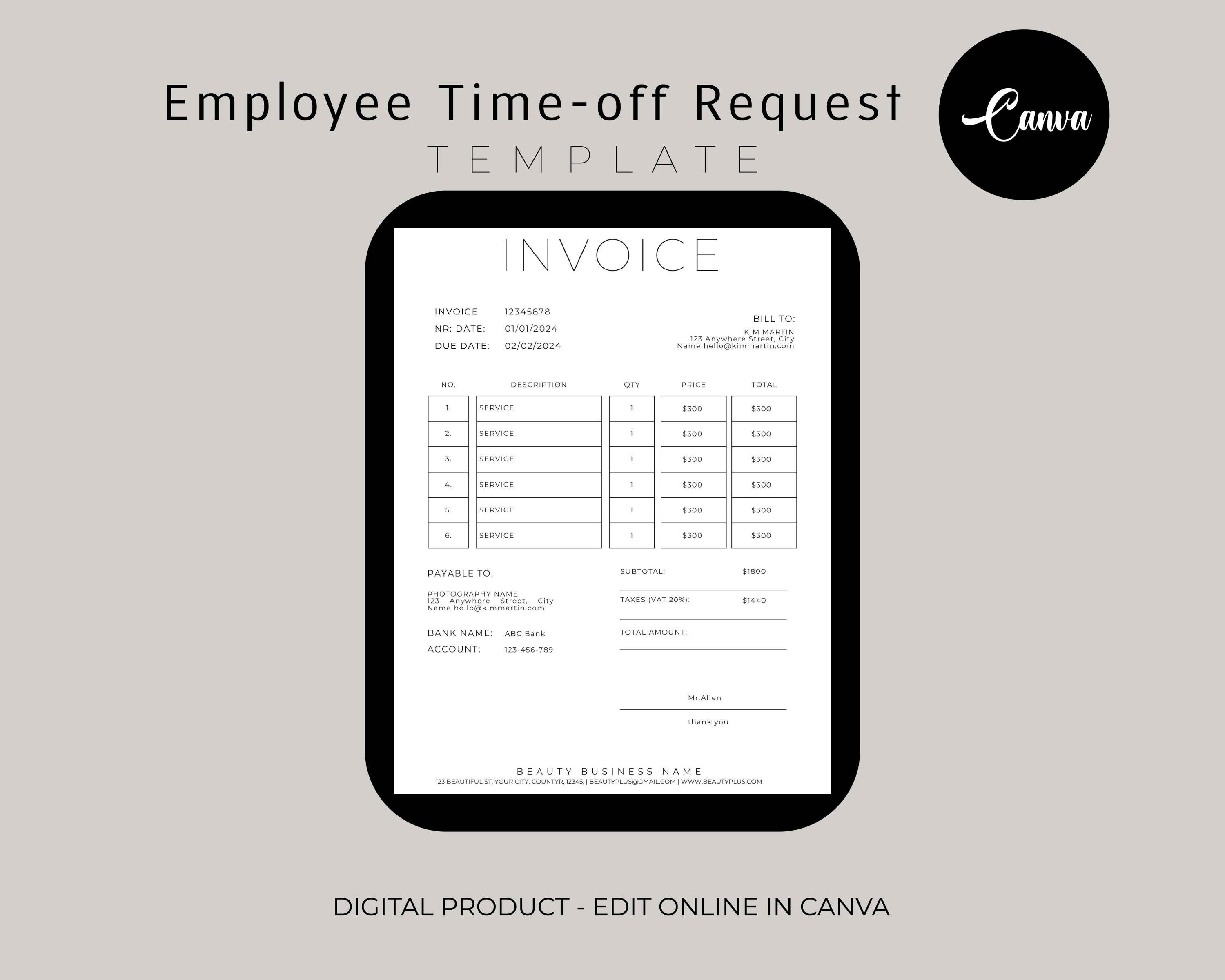 Employee Time-off Request Template, Vacation Request Form, PTO Request ...