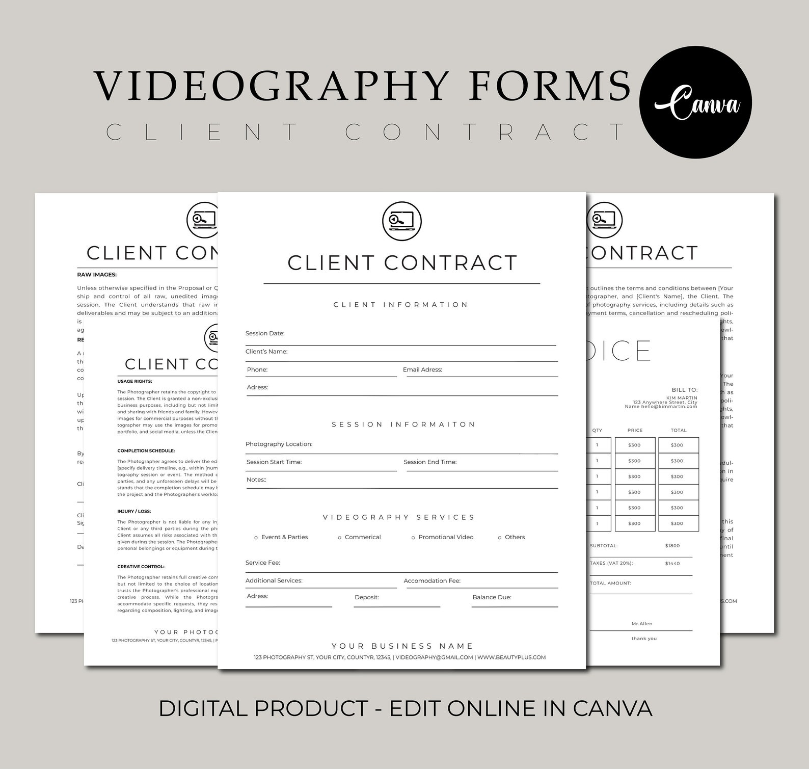 Videography Contract Template, Photography Forms, Contract Template, Canva Template, Contract ...