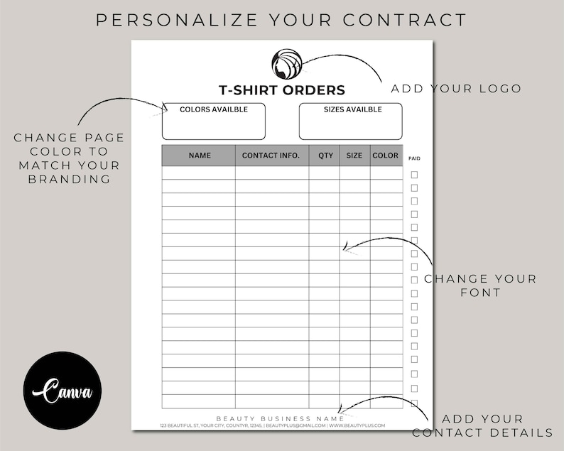 Editable T-shirt Order Form Template, Craft Order Form, Printable Small ...