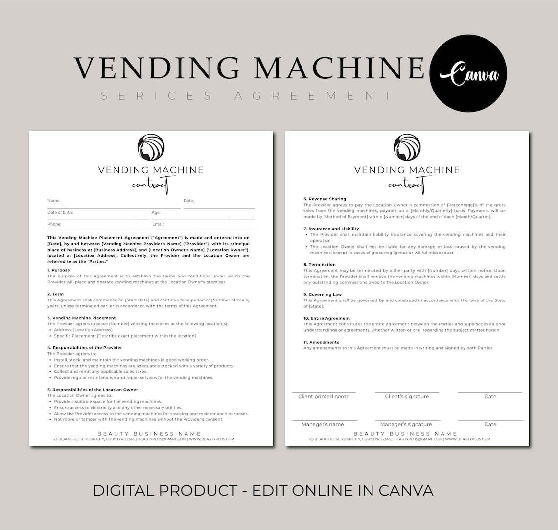 Professional Vending Machine Contract Template, Editable in Canva ...