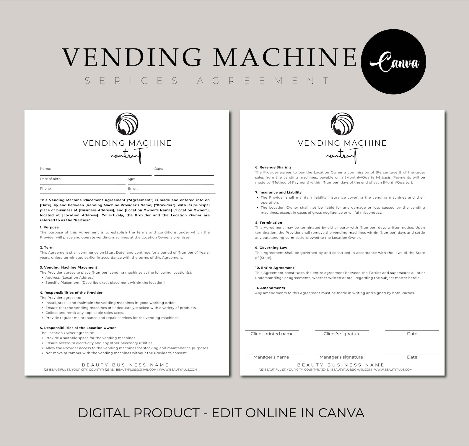 Professional Vending Machine Contract Template, Editable in Canva ...