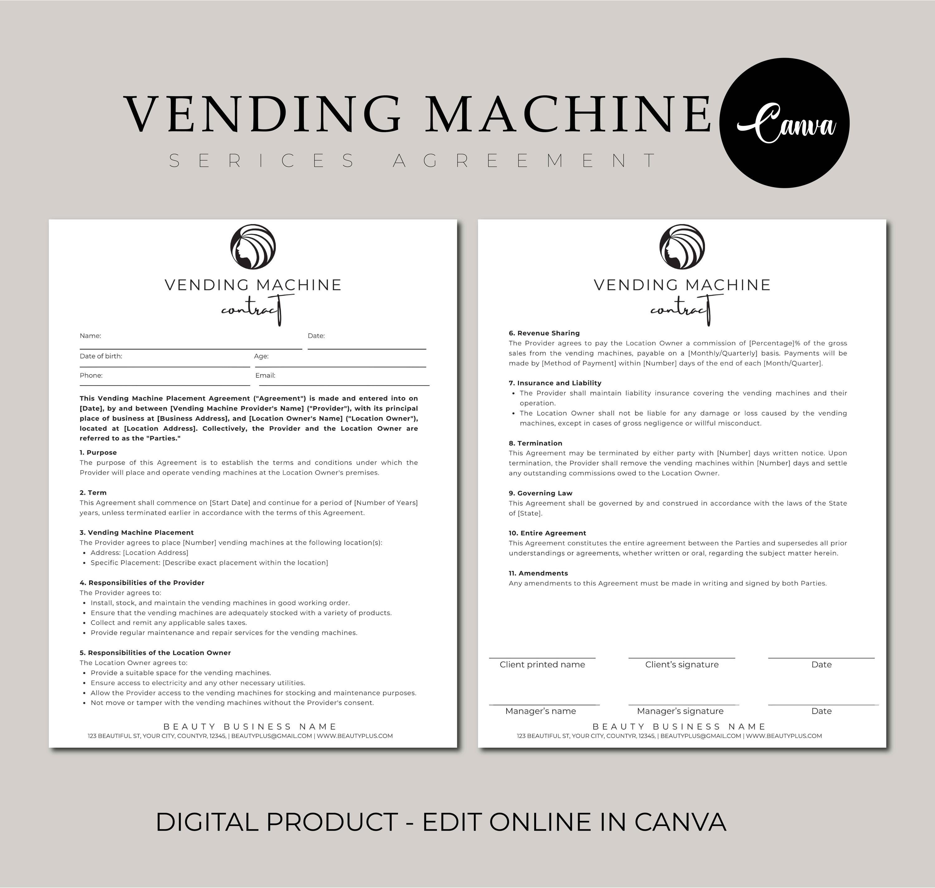 Professional Vending Machine Contract Template, Editable in Canva ...